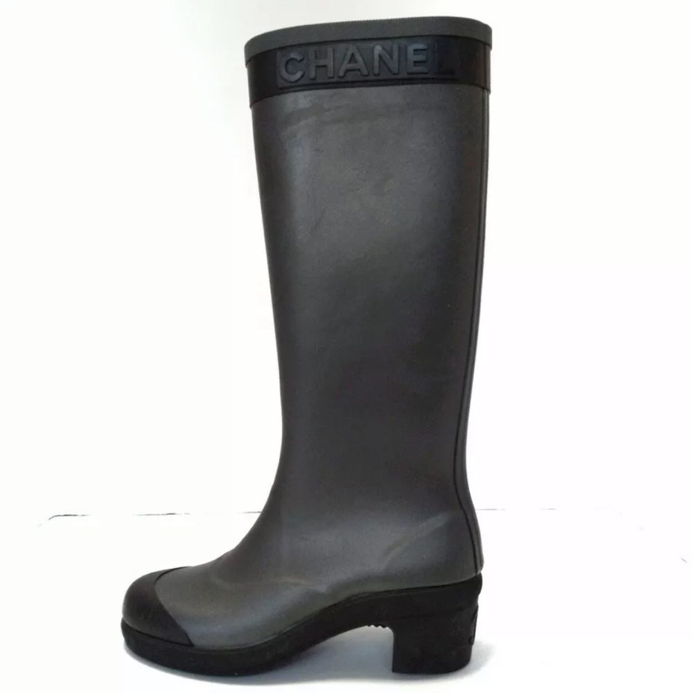 Chanel Rubber Rain Tall Silver Boots - Gem